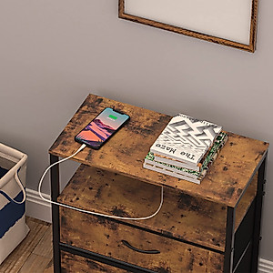 PONROL Rustic End Table with Charging Station & USB Ports, Entryway Narrow Side Sofa Table for Living Room, Nightstand with Fabric Drawer Storage Shelf for Bedroom, 23”L*11”W*25”H, Brown