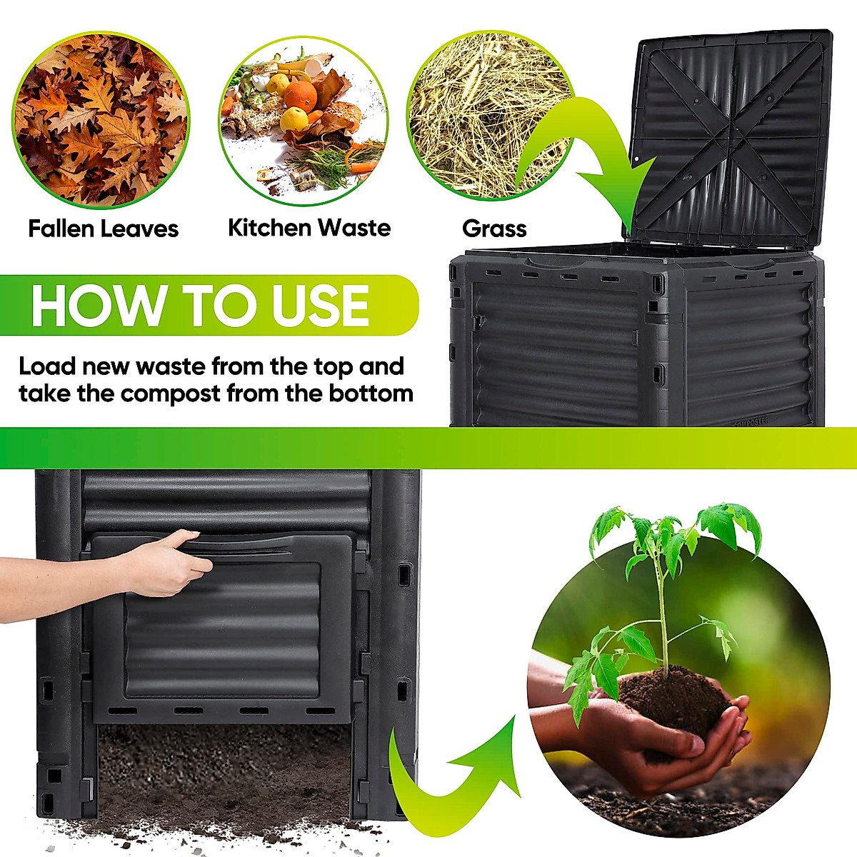 LEMY Garden Compost Bin, 80 Gallon Outdoor Compost Box for Fast Creation of Fertile Soil, Large Capacity, Black