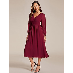 Ever-Pretty Women's Chiffon Long Sleeve Elastic Waist A-Line Knee Length Wedding Guest Dresses Burgundy US16