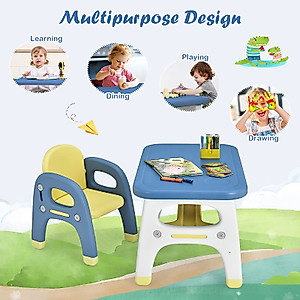 Costzon Toddler Table and Chair Set, Cute Dinosaur Children Activity Art Sturdy Desk Set w/Storage Rack & Montessori Toys Building Blocks, Kids Table and Chair for Baby Boys Girls (Blue)