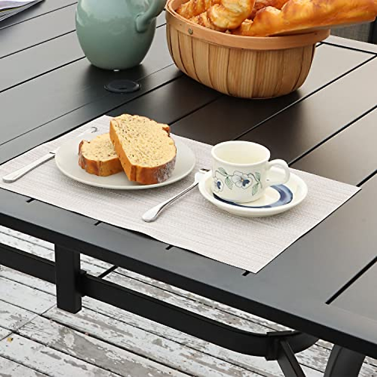 VICLLAX Outdoor Patio Dining Table for 6, 59"x 38" Metal Slatted Tabletop with Umbrella Hole for Patio Lawn Deck