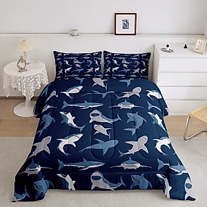 Boys Shark Bedding Set Ocean Sealife Comforter Set for Kids Youth Teens,Under Sea Marine Life Duvet Insert,Underwater World Creature Bed Quilt,Nautical Sea Animal Bedroom Decor Twin Size Navy Blue