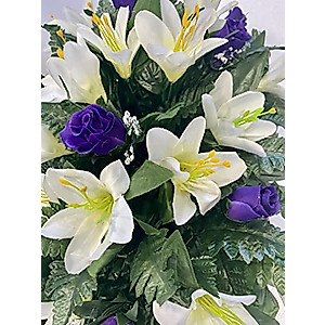 Spring or Easter Cemetery Flowers for Headstone and Grave Decoration-Purple Rose and Lily Mix Saddle