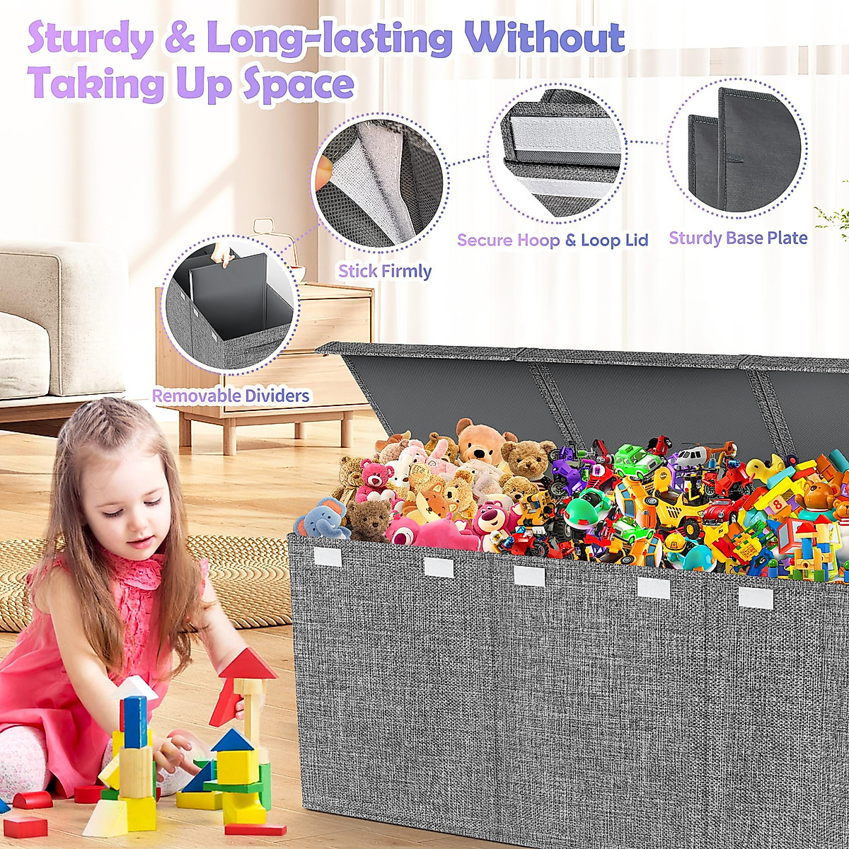 Extra Large Toy Box, Collapsible Sturdy Kids Toy Chest for Boys, Girls, Kids, 41"x14"x16"Toy Storage Organizer Toddler Storage Bins with Lids, Toy Box basket for Living Room, Bedroom, Nursery, Gray