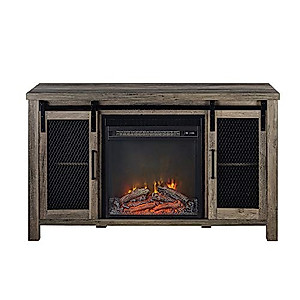 Walker Edison Tall Farmhouse Metal Mesh Barndoor and Wood Universal Fireplace TV Stand or TV's up to 55" Flat Screen Living Room Storage Entertainment Center, 48 Inch, Grey Wash