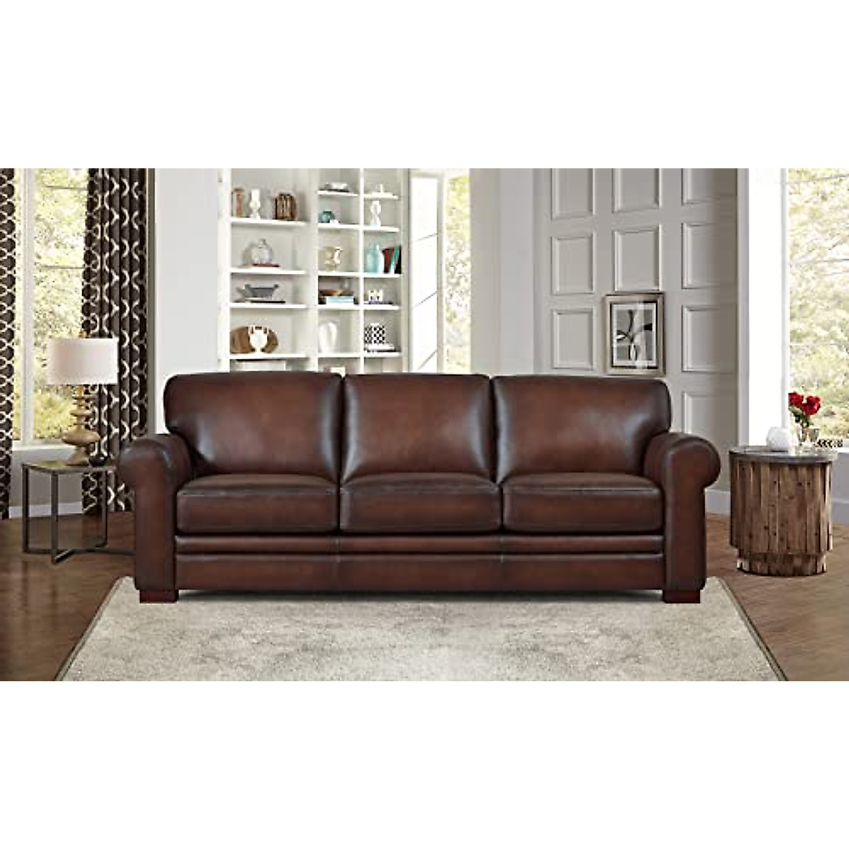 Hydeline Brookfield Top Grain Leather Sofa Couch, 95", Caramel Brown, Feather Down, Memory Foam and Springs Seating