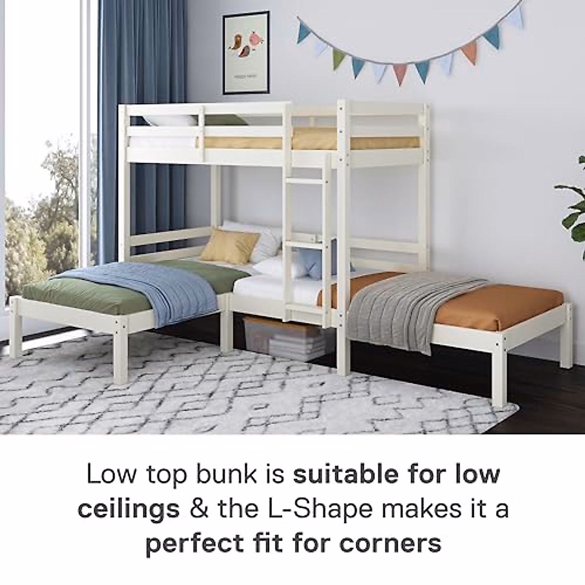 DHP Casey Kids' L-Shaped Corner Triple Bunk Bed, White