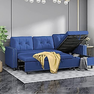 Mjkone Sectional Sleeper Sofa Bed with Storage 3 Seat Pull Out Sofa Bed Couch with Chaise Lounge Velvet Couch with Pull Out Bed L Shaped Sectional Sofa Couches for Living Room Apartment, Navy Blue