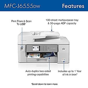 Brother MFC-J6555DW INKvestment Tank Color Inkjet All-In-One Printer with up to 1 Year of Ink In-box1 and 11” x 17” print, copy, scan, and fax capabilities