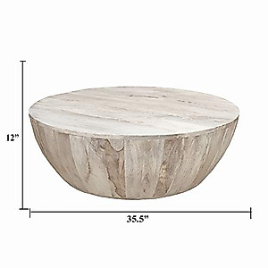 The Urban Port 12-Inch Height Round Mango Wood Coffee Table, Subtle Grains, Distressed White