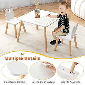 HONEY JOY Kids Table and Chair Set, Children Wooden Activity Table & 2 Chairs Set, Solid Wood Legs, Easy Assembly, 3 Piece Rabbit Themed Toddler Furniture Set for Art Craft (White)