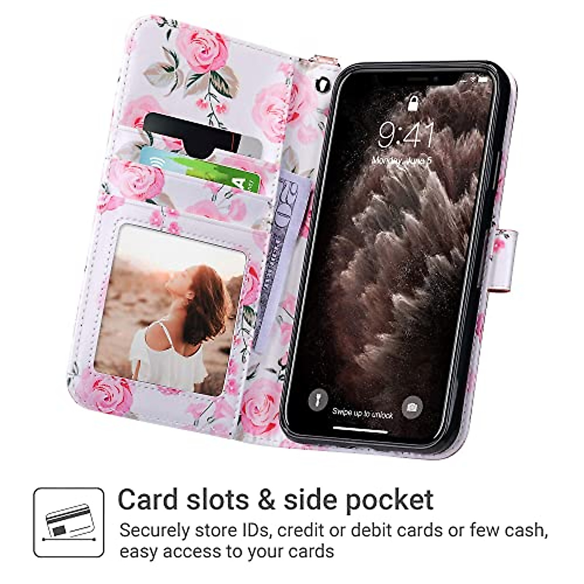 ULAK Compatible with iPhone 11 Pro Max Wallet Case for Women Girls, PU Leather Flip Cover with Card Holder Kickstand Shockproof Protective Purse Case for iPhone 11 Pro Max 6.5 Inch, Rose Gold