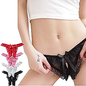 Toxz Sexy Lace Bow Thong G-String T-Back Panty Open Side Women Underwear,Floral Lace Satin Embroidered Crotchless,Black,Plunging Eyelash