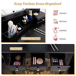 COSTWAY Vanity Desk Set with Mirror, Vanity Desk and Cushioned Stool Set with 5 Storage Drawers, Makeup Dressing Table for Bedroom Women Girls (Black)
