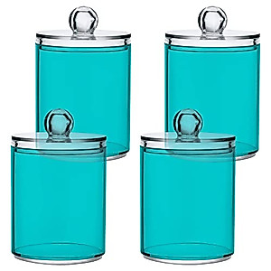ALAZA 4 Pack Qtip Holder Dispenser Teal Blue Solid Color Bathroom Organizer Canisters for Cotton Balls/Swabs/Pads/Floss,Plastic Apothecary Jars for Vanity
