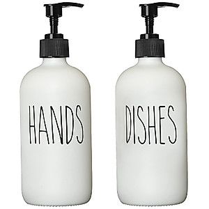 MOMEEMO Soap Dispenser Set 2 Pack, Contains Dish Soap Dispenser and Hand Soap Dispenser. 16 Oz Glass Soap Dispenser with Black Plastic Pumps. (White)