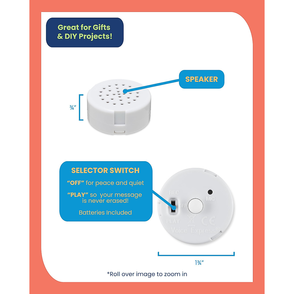 VoiceGift 60 Second Multi-Message Voice Recorder, Record Custom Messages for Plush Toy, Stuffed Bear Toy, Baby Doll Toy, and Pillow - 1 Pack