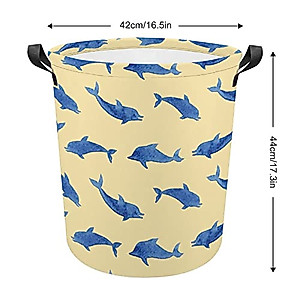 Dolphins Pattern Foldable Laundry Basket Waterproof Hamper Storage Bin Bag with Handle 16.5"x 16.5"x 17"