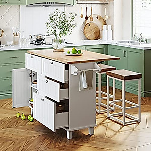 Farmhouse Counter Height Dining Table Set, Wooden Kitchen Island Prep Table with Storage for Apartment Small Places, 50" Breakfast Nook Table Set with 2 Stools, White