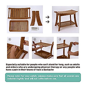 VVW Bamboo Shower Bench & Stool with Storage Shelf, Bath Benches for Inside Shower, Bathroom Stools 2-Tier Spa Seat for Adults Elderly (Walnut)