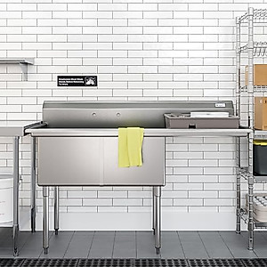 KoolMore 63 in. 18-Gauge 2-Compartment Commercial Sink with Backsplash and 24 in. Right Drainboard, Bowl dimensions 18"x24"x14" in Stainless-Steel (KM-SB182414-24R3)