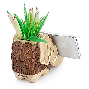 COOLBROS Pen Pencil Holder with Phone Stand, Resin elephant Shaped Pen Container Cell Phone Stand Carving Brush Scissor Holder Desk Organizer Decoration for Office Desk Home Decorative (Retro Brown)