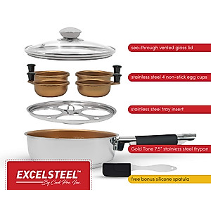 ExcelSteel Non Stick Easy Use Rust Resistant Home Kitchen Breakfast Brunch Induction Cooktop Egg Poacher, 4 Cup, Gold Tone