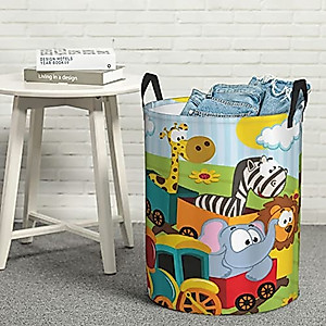 Laundry Basket,Cartoon Baby Safari Wild Animals In A Train With Striped Backdrop Toys Artwork,Large Canvas Fabric Lightweight Storage Basket/Toy Organizer/Dirty Clothes Collapsible Waterproof For College Dorms-Large