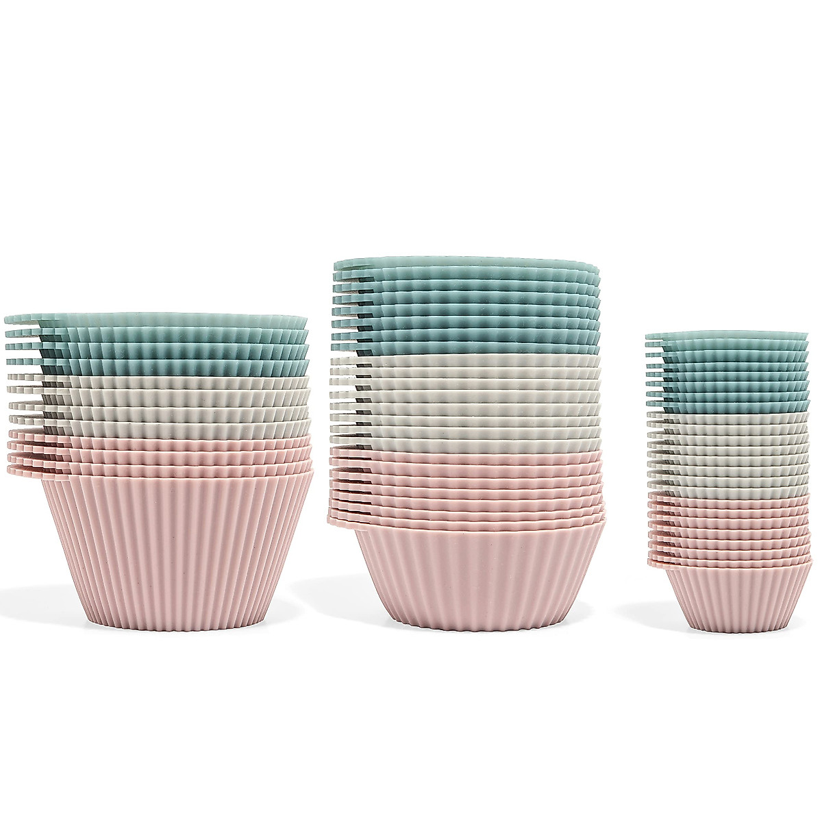 The Silicone Kitchen Reusable Silicone Baking Cups with Handle - Dusty Rose Pink & Blue Bundle, Non-Toxic, BPA Free, Dishwasher Safe (24 Regular, 12 Jumbo, 24 Mini)