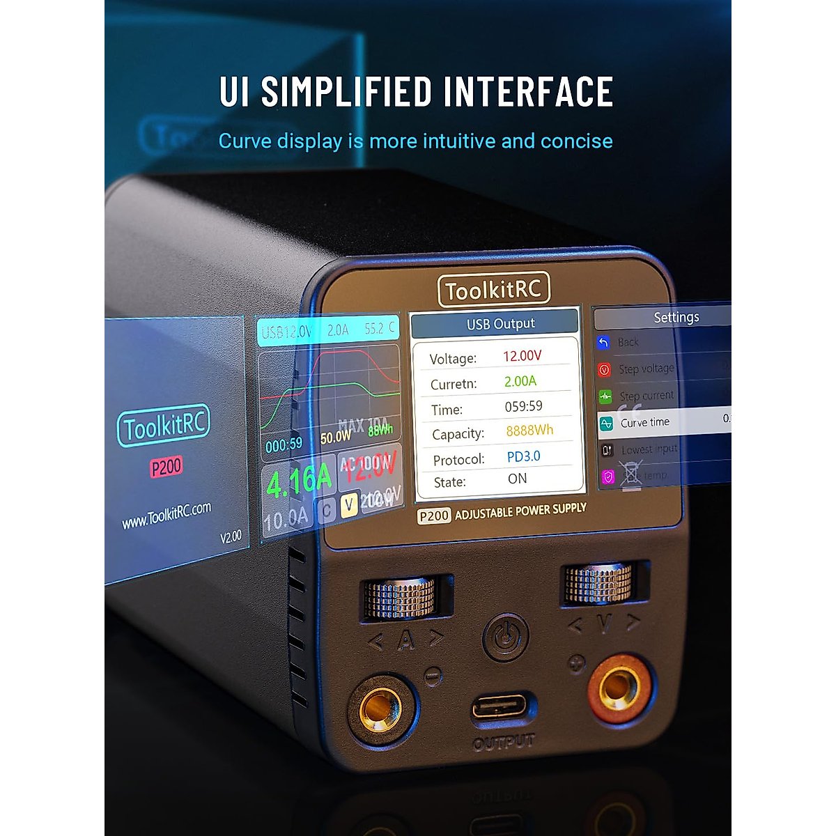 NEW ToolkitRC P200 V2 Mini 30V Supply AC100W DC200W 10A GaN Adjustable Mini Desktop Power Supply USB Output 4.0mm banana female port with TypeC 65W Output fast charging