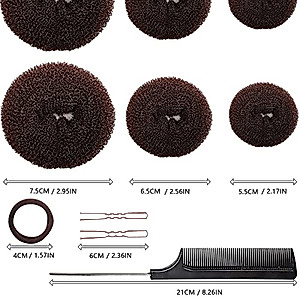 MeetFavorite Hair Bun Shaper Set - 2 Large, 2 Medium, 2 Small Donut Hair Bun Makers, 10 Elastic Bands, Hair Pins (Brown)