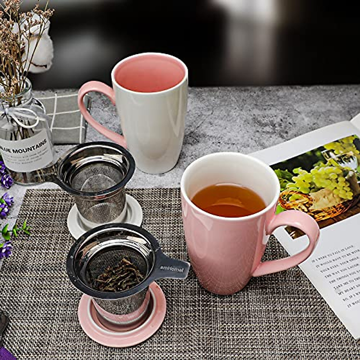 amhomel Porcelain Tea Mug with Infuser and Lid, 16 Ounce Ceramic Tea Cup for Loose Leaf, Coffee, Cocoa and Milk, Tea Gift for Tea Lovers, Set of 2(Pink and White)