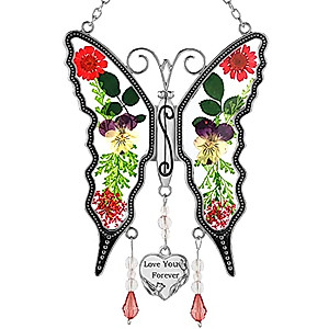 KY&BOSAM Suncatchers Love You Forever Butterfly Mom Gifts, Gift for Mom from Daughter Son, Suncatcher Gifts for Women Ornament for Windows Wind Chime with Pressed Flower Butterfly Embedded in Glass