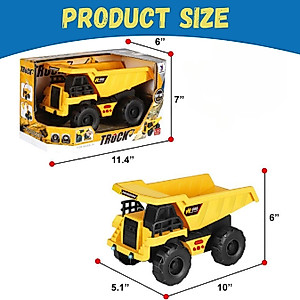 Big Construction Dump Truck Friction Powered Toy - 10-Inch Yellow Truck with Realistic Lights & Sounds, Lifting Bed, 4 Button Control Vehicle for Kids