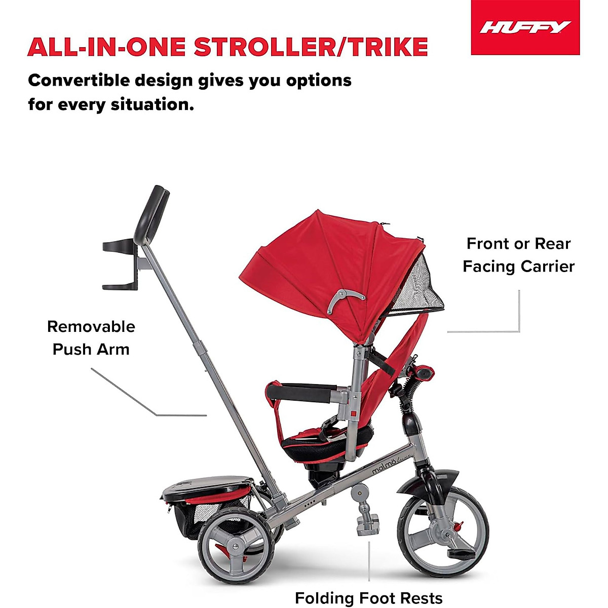 Huffy Malmö Luxe 4-in-1 Canopy Trike with Push Handle, Cup Holder & Rear Storage Red