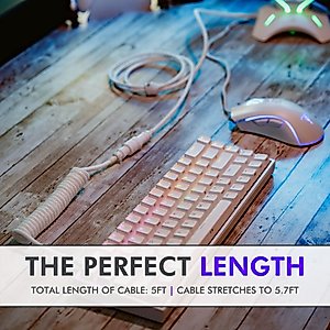 Tilted Nation Coiled USB C Cable for Mechanical Keyboard - Flexible but Tough - Detachable Aviator Coiled Keyboard Cable USB C - (5ft to 5.7ft Length) USB-A to USB-C Keyboard Coiled Cable - White