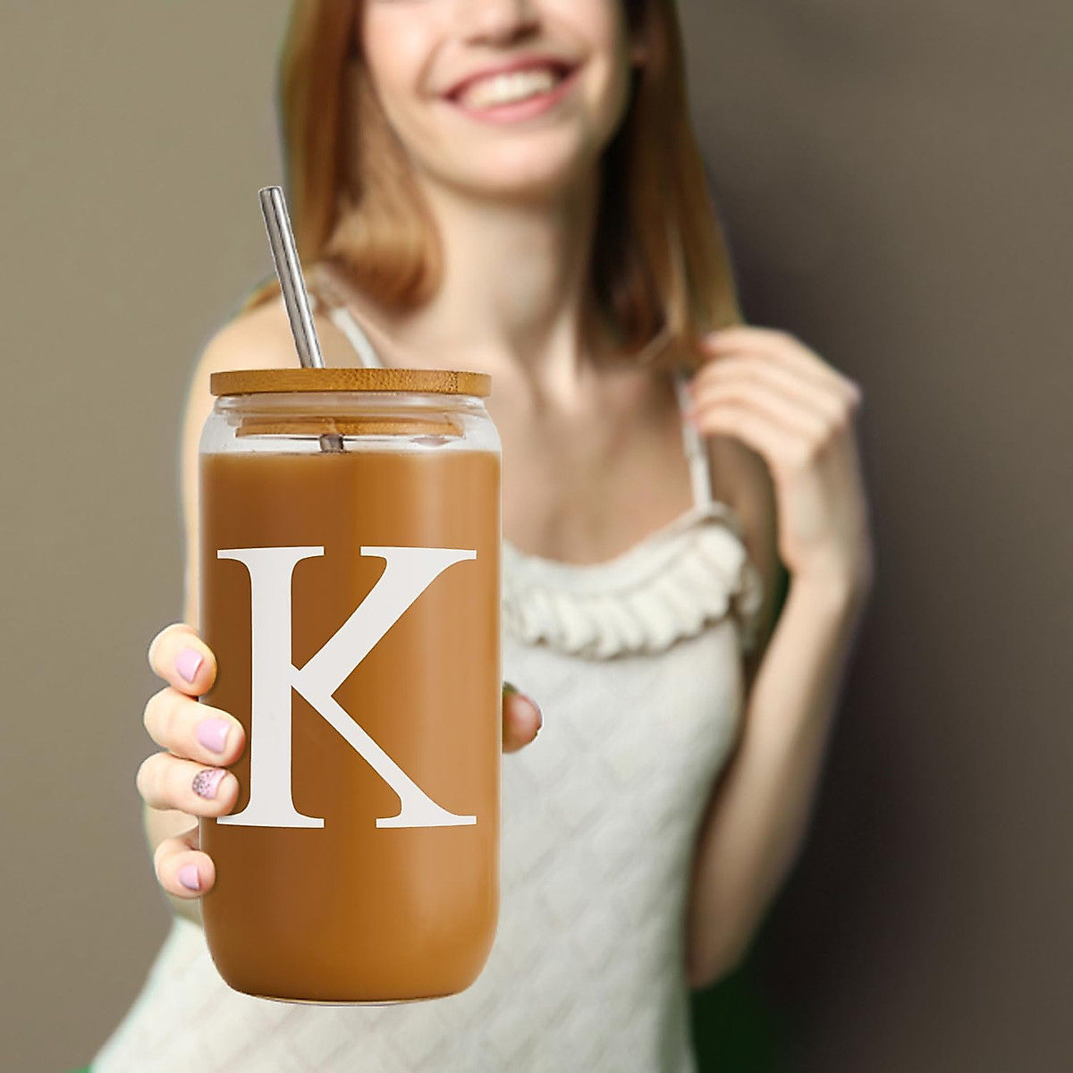 Elysine Initial Glass Cup 16oz, Monogrammed Gifts for Women, Glass Can Cup w/Bamboo Lid Straw,Personalized Valentines Mother Day Birthday Gifts for Women, Mom, Wife, Girlfriend, Sister, Friends (K)