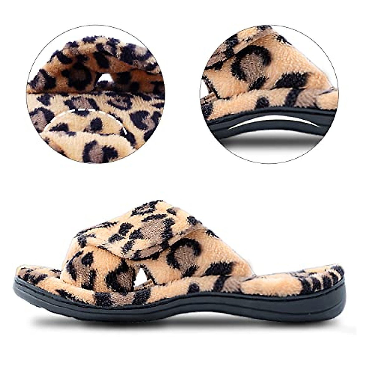 Git-up Women's Memory Foam Slippers with Arch Support Adjustable Hook and Loop Slippers Diabetic Open Toe Soft Bedroom House Slippers for Indoor Outdoor Shoes LEOPARD US 6.5/7.5