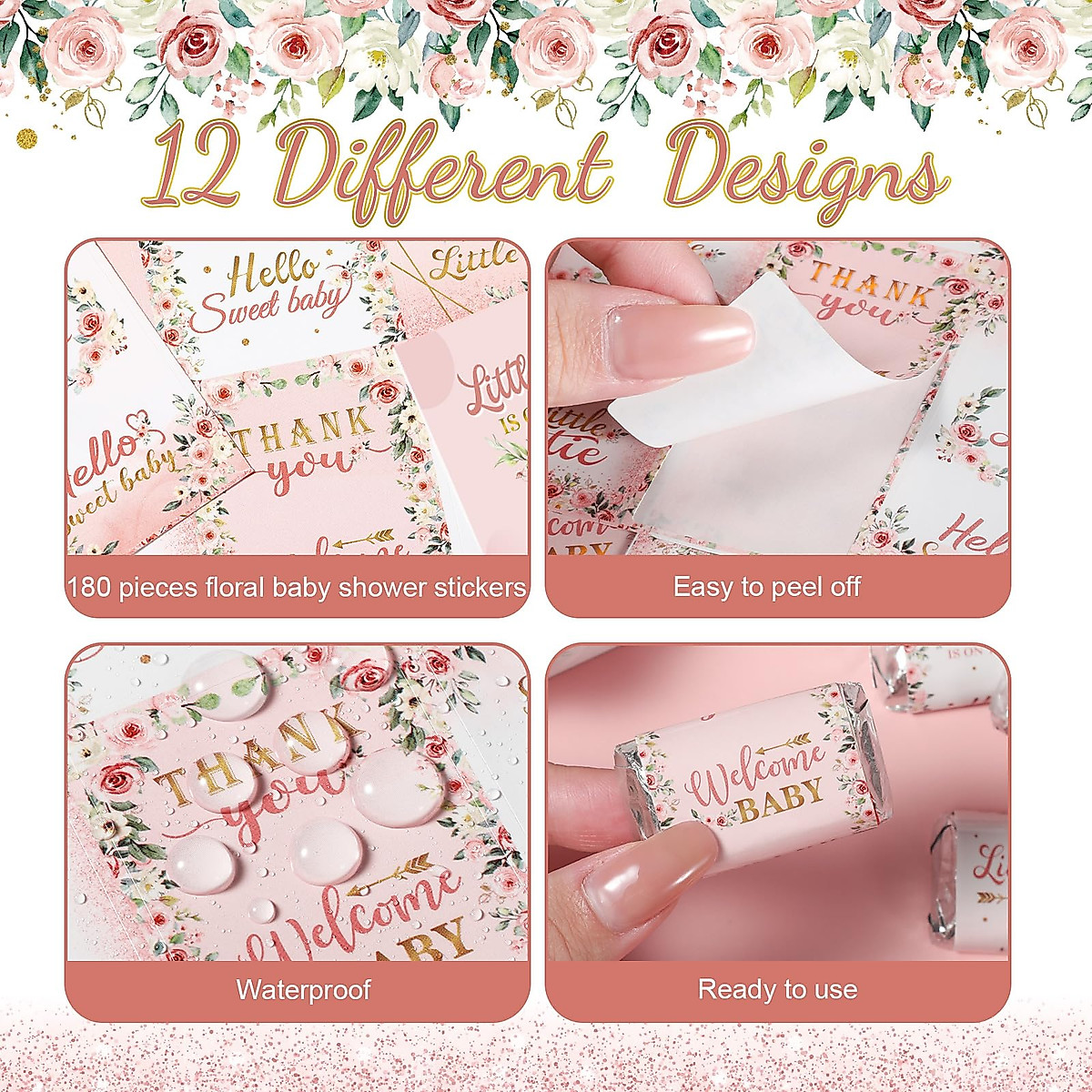 Colarr 180 Pieces Floral Baby Shower Candy Stickers Mini Flower Baby Shower Candy Bar Wrappers Chocolate Sweets Labels for Girls Boys Baby Shower Favor Decorations Supplies