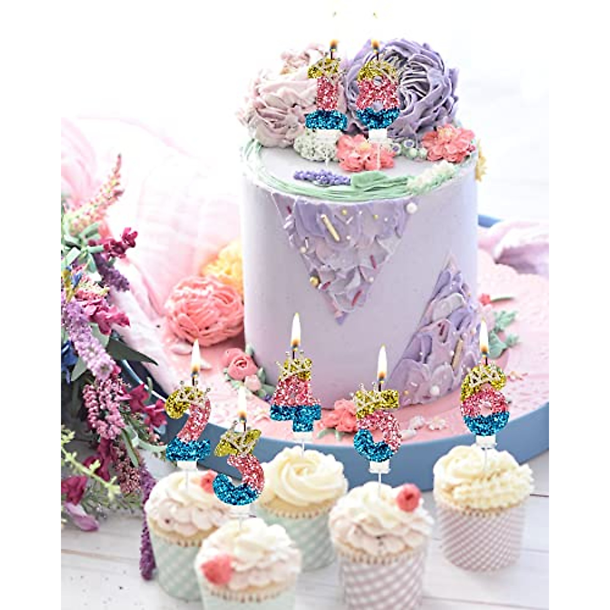 2.8" Birthday Number Candle Glitter Happy Birthday Cake Candles for Birthday Mermaid Themed Party Wedding Anniversary Celebration Supplies