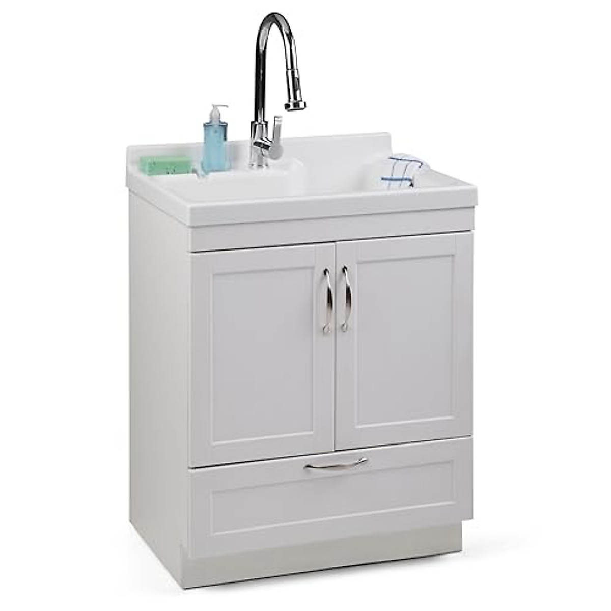 SIMPLIHOME Maile All-in-One Utility Sink & Cabinet, Pure White, 28-inch Laundry Cabinet, Pull-out Faucet, ABS Sink, Storage Drawer for Laundry Room, Mudroom, Garage