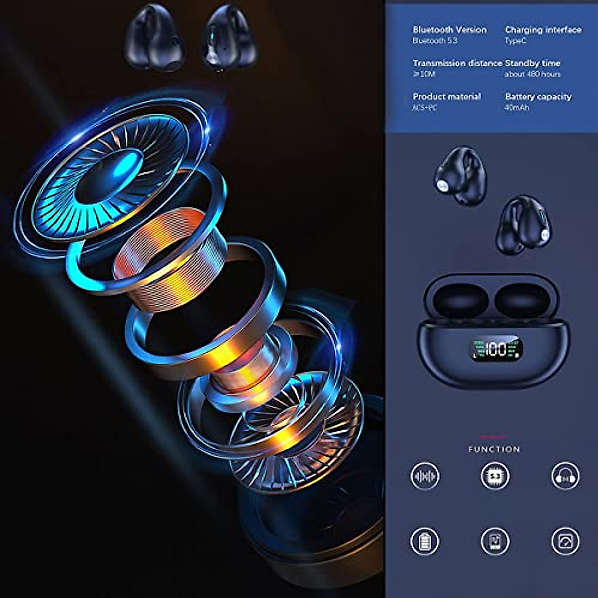 AAOCLO Wireless Ear Clip Bone Conduction Headphones, Wireless Bluetooth Headset, Bone Conduction Clip Ear Noise Reduction Sports Running Waterproof Noise Reduction (White)