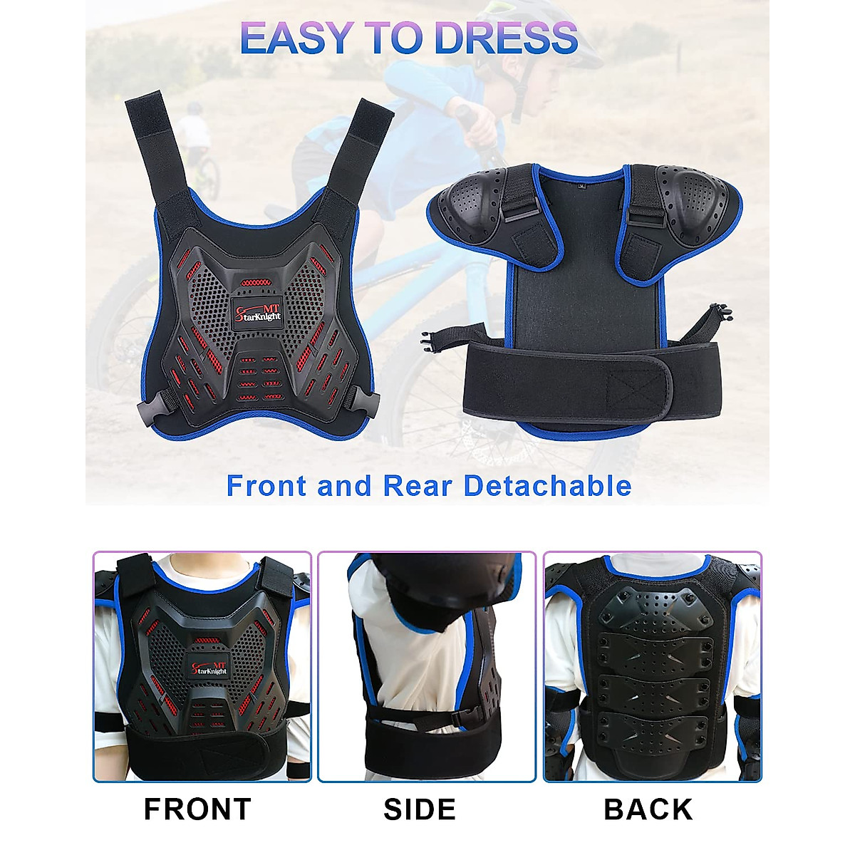 StarknightMT Kids Motorcycle Armor Suit Dirt Bike Gear， Youth Motocross Riding Protector with Knee Elbow Arm Shoulder Protection Pad for Cycling Off-Road Riding Skiing Skating (Blue)