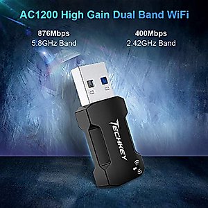 USB WiFi Adapter 1200Mbps for PC, Techkey Mini Wireless Network Adapter USB 3.0 WiFi 802.11 ac with Dual Band 2.4GHz/300Mbps, 5GHz/866Mbps for Desktop Laptop Windows XP/7/8/8.1/10/ Mac OS
