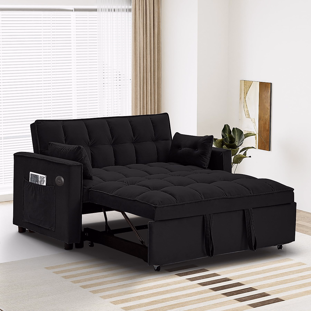 DAMAIFROM Velvet Sleeper Sofa Bed with USB Port, 3-in-1 Convertible Upholstered Loveseat Sofa w/Pull-Out Bed, Modern Futon Couch Bed with Adjustable Backrest for Living Room, Small Space, Black