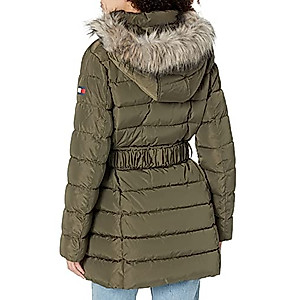 Tommy Hilfiger Women Fur Long Puffer Hooded Belt at Waist Jacket, Juniper, Small