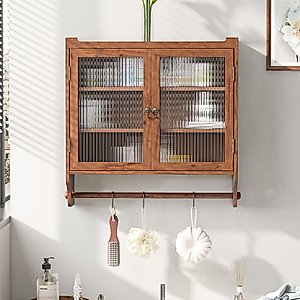 Fmlud Bathroom Medicine Cabinet, Vintage Wall Cabinet, Bathroom Storage Cabinet with 2 Glass Doors and Towel Rack for Bathroom, Kitchen, Dining Room (Brown)