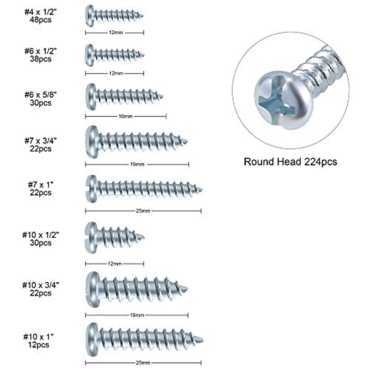 FARRAY Wood Screws, 224pcs Wood Screws Assortment Kit, Galvanized Carbon Steel Phillips Screw Set, Round Head Screws, Assorted Screws, Assorted Wood Screws, Screw Set Assortment, Self Tapping Screws