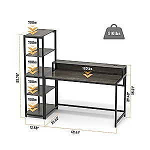 Teraves Computer Desk with 5 Tier Shelves,Reversible Writing Desk with Storage 49 Inch Study Table for Home Office Independent Bookcase and Desk for Multiple Scenes (Desk+Shelves, BOAK)