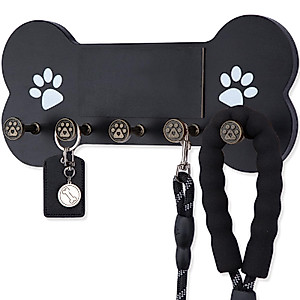 Nekon Dog Leash Holder for Wall - Wooden Key Holder Wall Mount for Entryway Organization - Pets Accessories Storage with Chalkboard and Dog Paw-Shaped Hooks (Black)